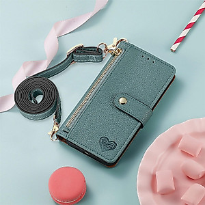 ONV Flip Case for Samsung Galaxy M53 5G - Adjustable Crossbody Lanyard Zipper Cash Pocket Wallet Leather Case Card Holder Stand Metal Close Cover for Samsung Galaxy M53 5G [AX]-Green