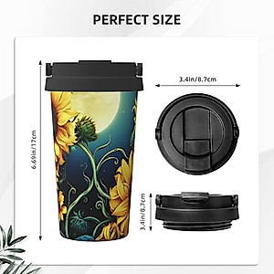 GTKSYNVE Reusable Coffee Mug with Lid and Handle, Moonlight Sunflower Pattern Tumbler for Hot & Cold Drinks 16oz Stainless Steel Insulated Coffee Tumblers Double Wall Vacuum Thermal Cup
