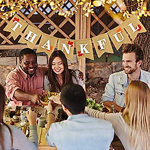 Whaline Thankful Burlap Banner with Rustic Autumn Maple Leaves Thanksgiving Day Decorations Garland Fall Harvest Home Decor Mantel Fireplace Wall Hanging