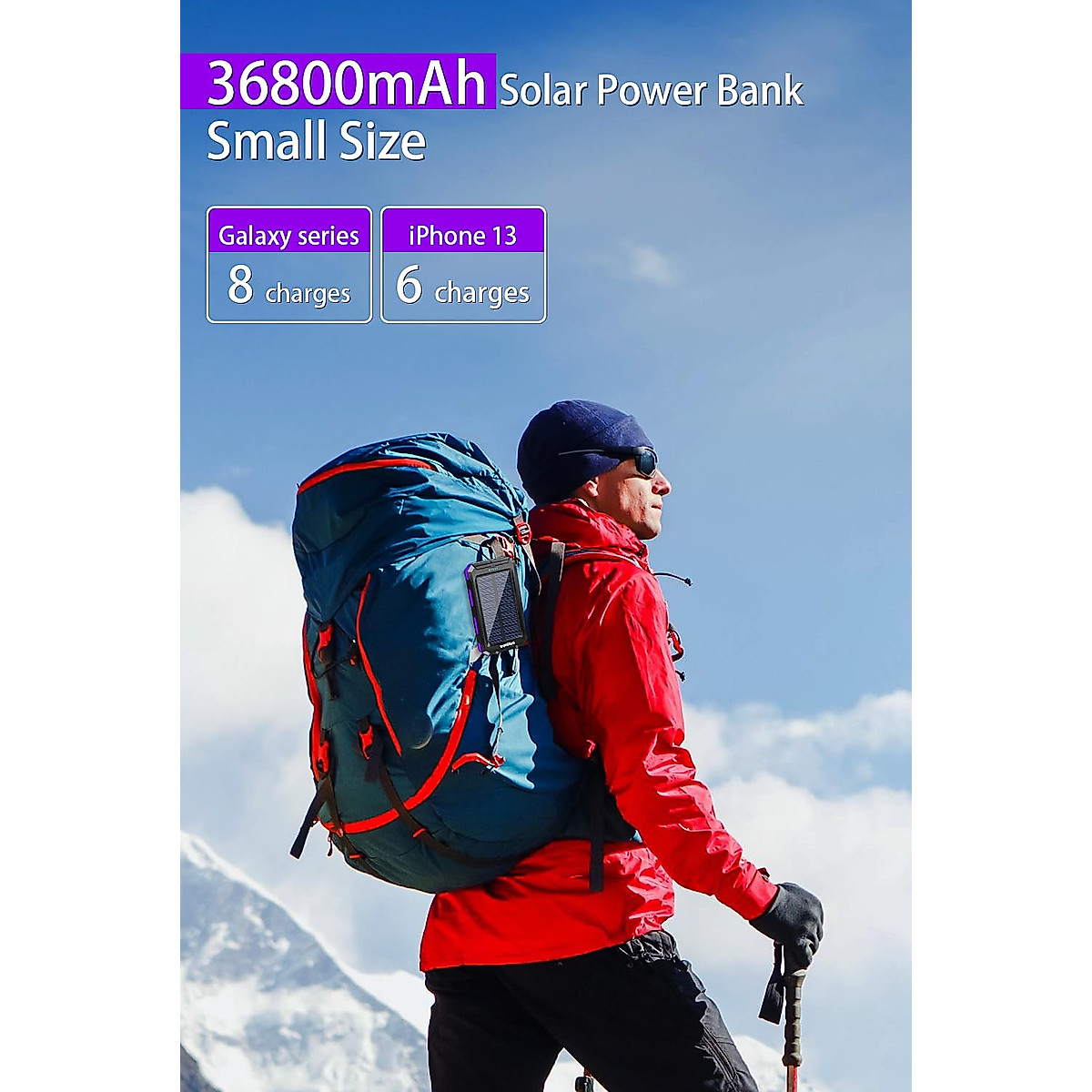 WONGKUO Solar Charger Power Bank - 𝟮𝟬𝟮𝟰 𝙐𝙥𝙜𝙧𝙖𝙙𝙚 36,800mAh Portable Solar Phone Charger, QC3.0 Fast Charger with LED Flashlight, IP65 Waterproof Power Bank Perfect for Outdoor Camping Hiking