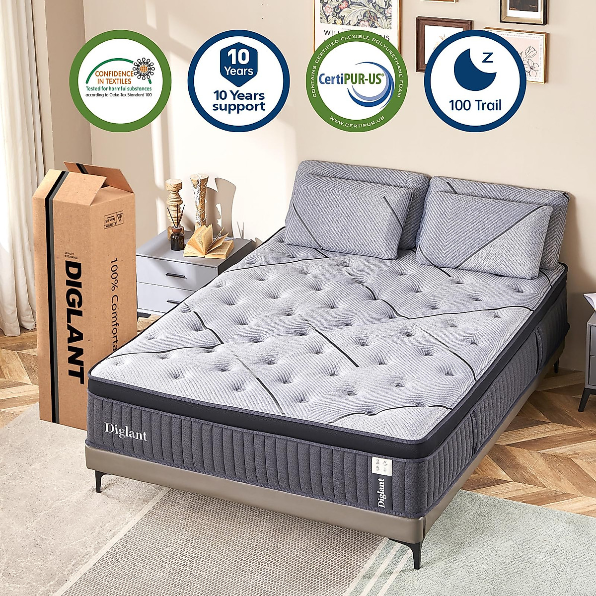 DIGLANT King Mattress, 14Inch Gel Memory Foam & 7-Zone Pocket Spring King Size Mattress, Medium Plush Hybrid Mattress in Box for Motion Isolation,Pressure Relief,CertiPUR-US, 76 * 80