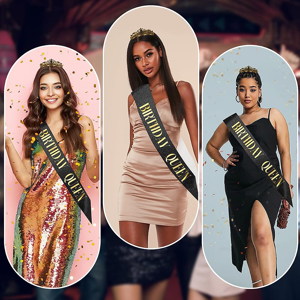 Black Birthday Celebration Set: Sash, Tiara, Headband, and Gold-Accented Decorations for Women