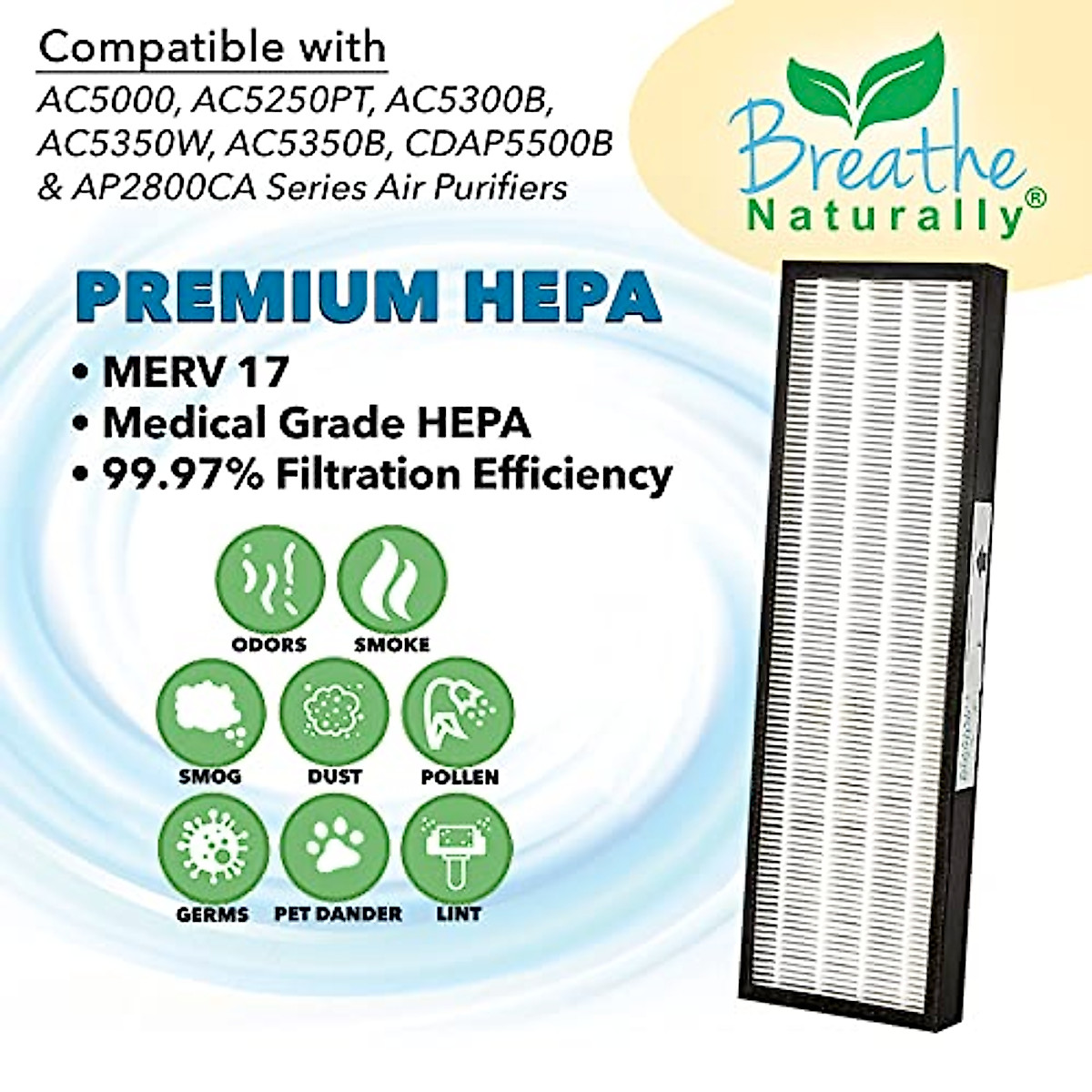 Breathe Naturally 2 Pack FLT5000 True HEPA Filter C Replacement with 8 Pack Activated Carbon Pre-Filters Compatible with AC5000 AC5000E AC5250PT AC5350B AC5350BCA AC5350W AC5300B Series Air Purifiers