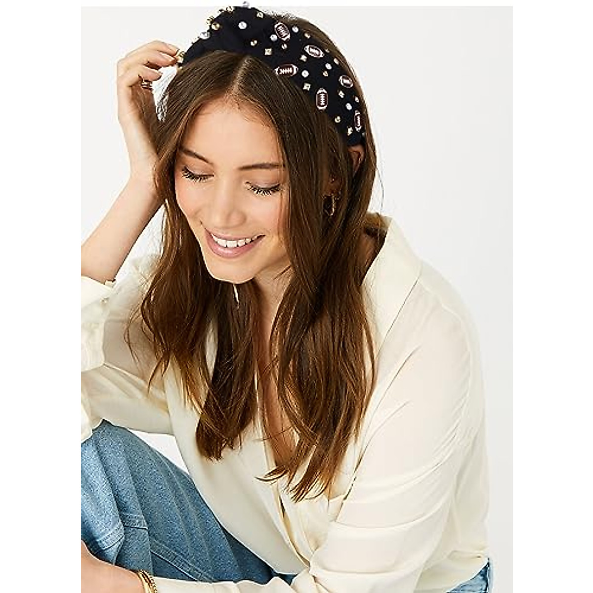 Football Headband Pearl Rhinestone Jeweled Knotted Headband Fun Sports White Hot Pink Black Blue Football Embellished Wide Top Knot Hairband Headpiece Game Day Sports Hair Accessories Gift for Football Mom Fans (black football headband)