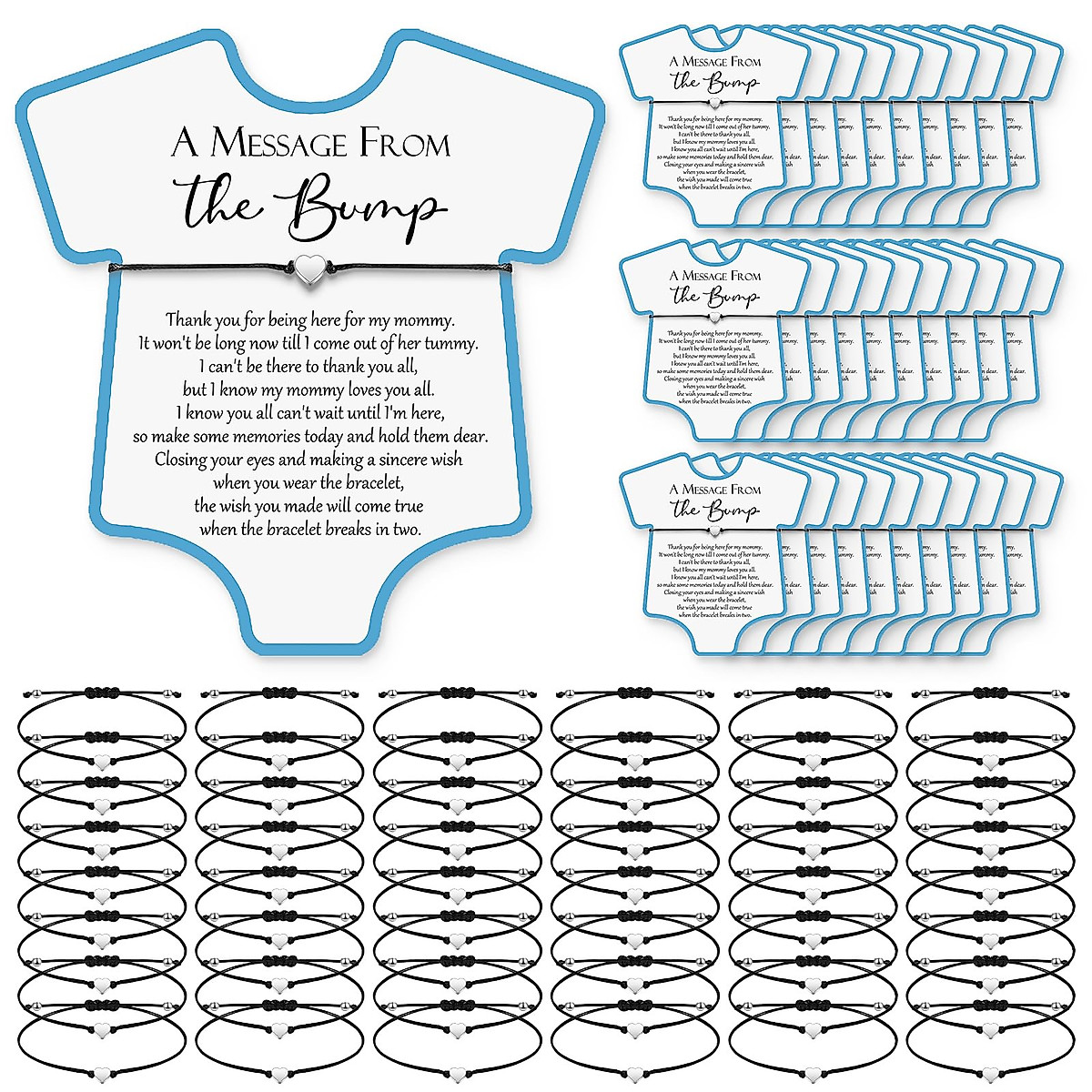 Chuangdi 50 Sets Baby Shower Favors for Guests Cute Heart Bracelets Wish Card Bracelets for Reveal Party Gifts(Blue, Simple Style)