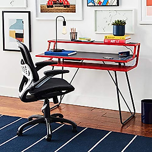 OSP Home Furnishings Glitch Battlestation Gaming Desk with Bluetooth RGB LED Lights, Red