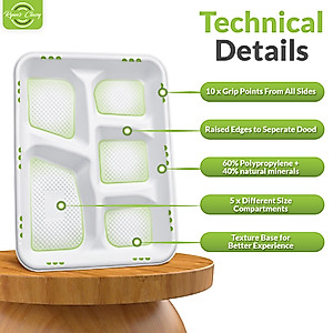 Ryan's Classy Plastic 5 Compartment Plates Disposable, 125 Pack Heavy-Duty Paper Plates with Compartment 10.5 x 8.5 inches Asian Plates Microwave Freezer Safe, Eco-Friendly School Lunch Trays