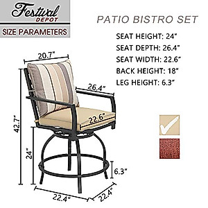 Festival Depot 2pcs Bar Bistro Outdoor Patio Furniture 360° Swivel Chairs Armrest Height Stools with Soft & Comfort Cushion Metal Steel Frame Legs for Lawn Garden Deck Poolside All-Weather (Original)