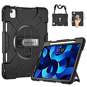 SUPFIVES Case for iPad Air 5th Generation 10.9 Inch 2022: Military Grade Silicone Protective Cover for iPad Air 4th Gen/iPad Pro 11 with Pencil Holder+ Rotating Stand+ Handle+ Shoulder Strap(Black)