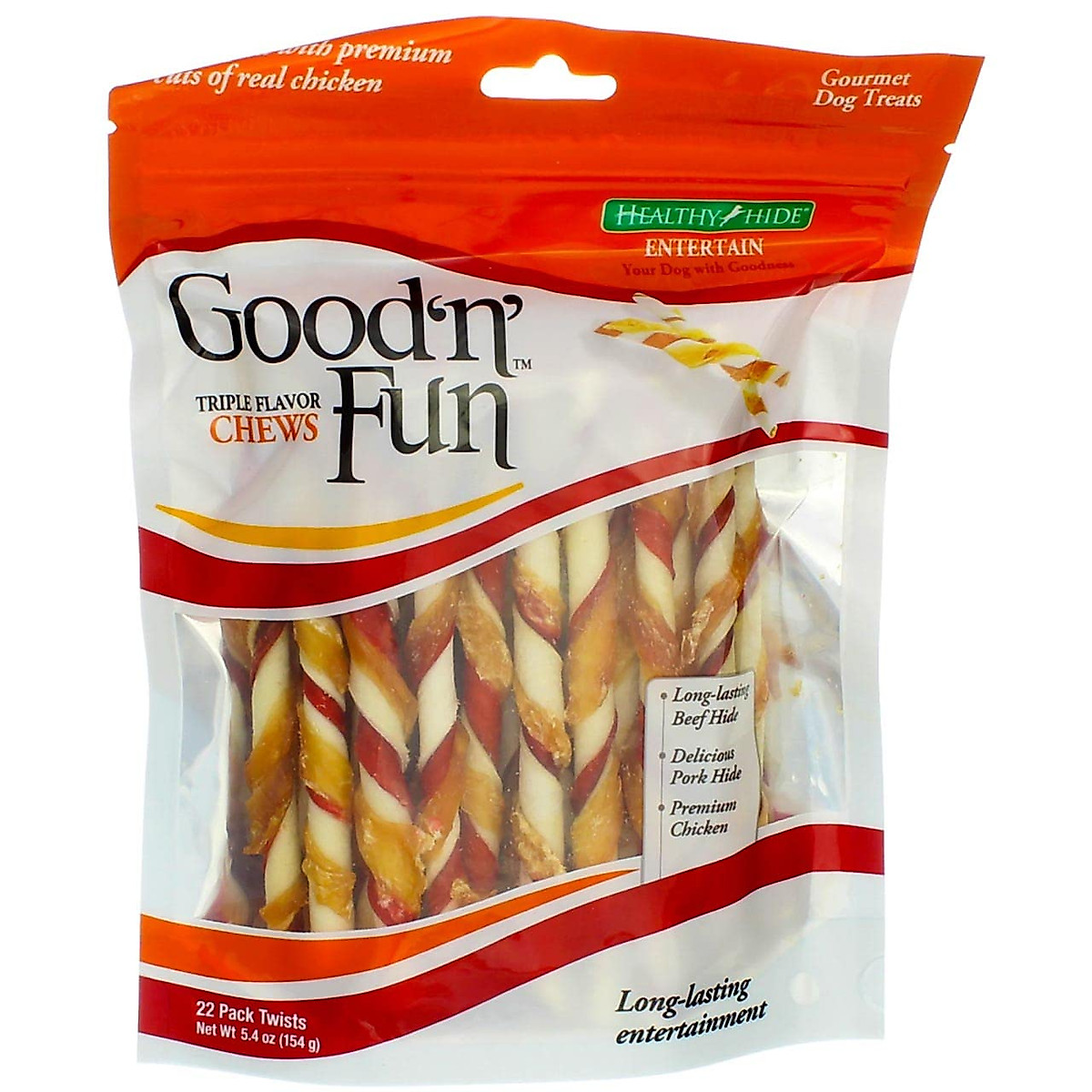 Healthy Hide Good 'n' Fun Triple-Flavor Twists - Beef, Pork & Chicken Regular - 22 Pack - Pack of 4