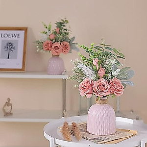 Artificial Flowers with Ceramic Vase,Faux Silk Roses and Fake Plant Eucalyptus in Vase for centerpiece table decorations, living room,dining table,fireplace,office,farmhouse,home decor(Dusty Pink)