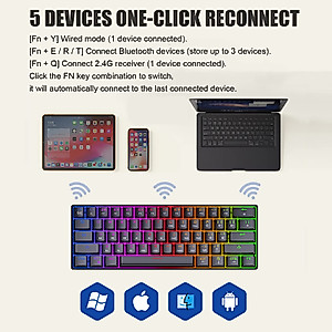 Ajazz G1000 USB Wired/2.4G/Bluetooth 3-Modes Wireless Mechanical Keyboard, Compact 61 Keys, Adjustable RGB Backlight, iOS/Android/Mac/Windows Compatible (Black, Blue Switch)