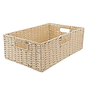 Healifty Rattan Storage Basket Countertop Rectangular Wicker Basket with Handles Book Cosmetic Sundries Holder Hand Woven Basket for Home Office