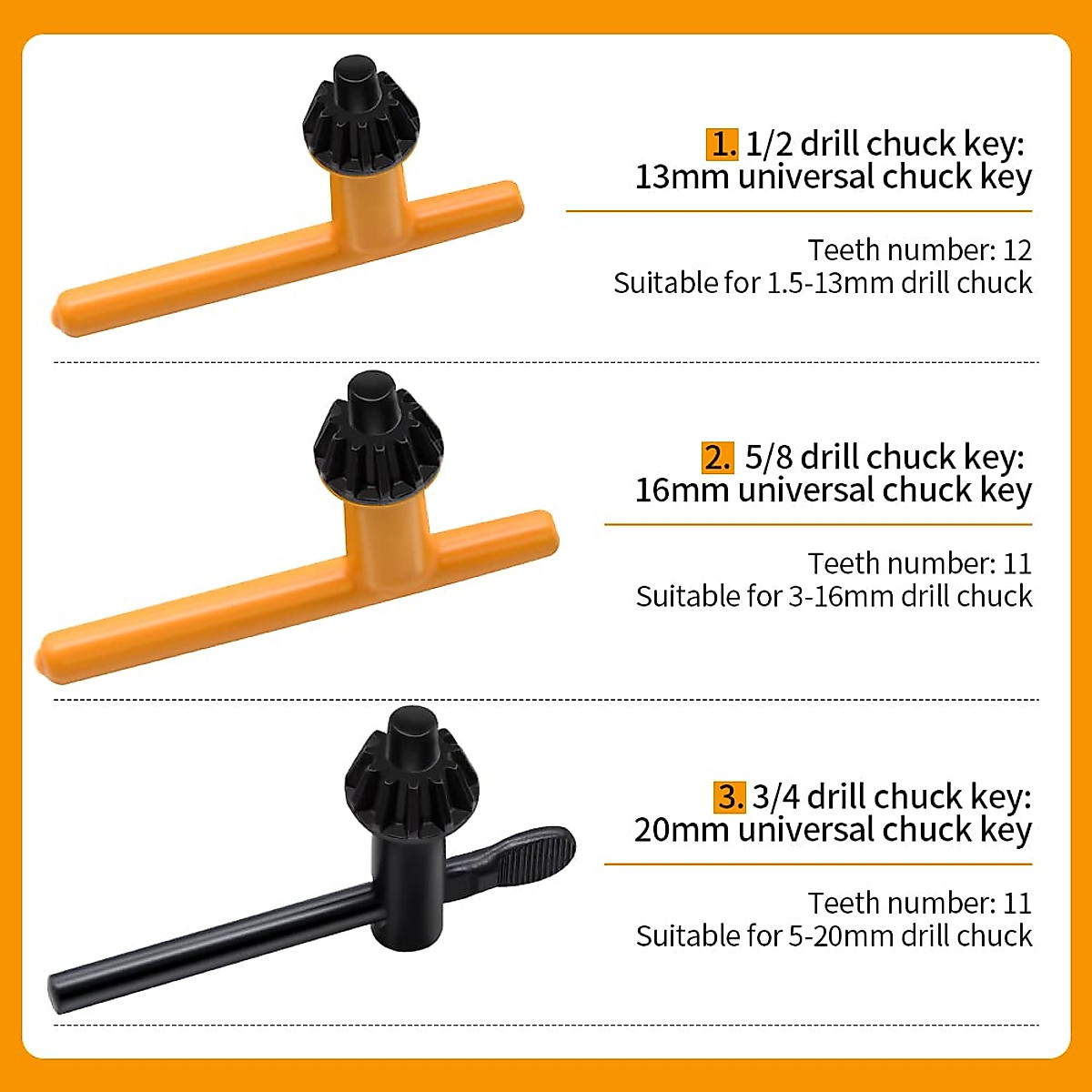 Drill Chuck Key Wrench, 6 Sizes Drill Press Chuck Key Replacement Drill Clamping Wrench Chuck Press Wrench Key for Electric Drill Clamping Tool of 4 mm, 6 mm, 10 mm, 13 mm, 16 mm, 20 mm in Diameter