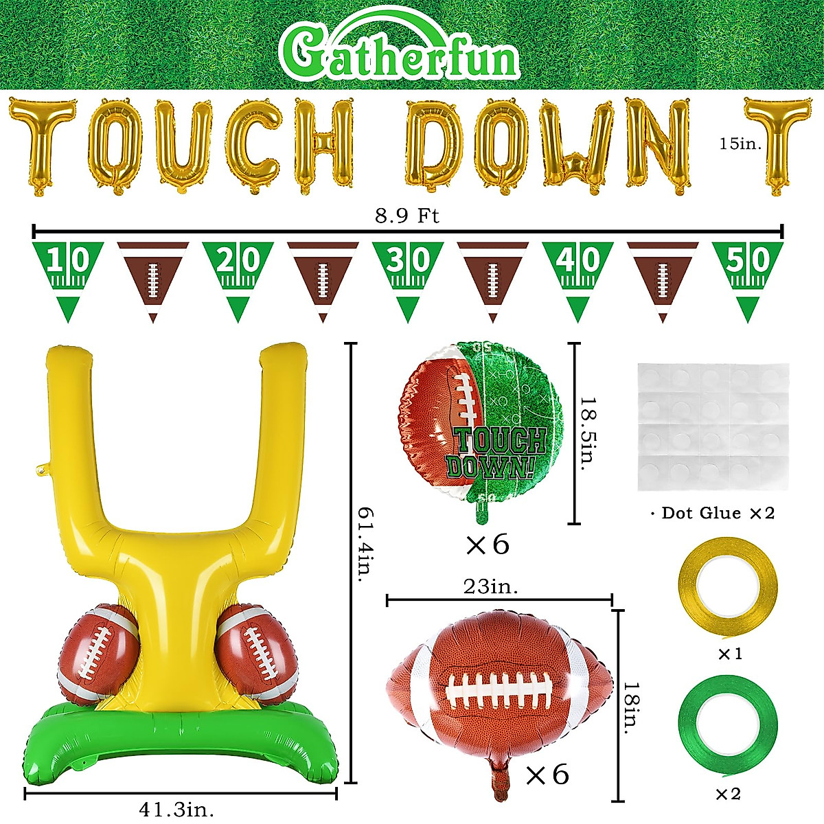 Football Party Supplies Kit - Touchdown Letter Balloons, Goal Post & Football Shaped Foil Balloons, Round 'Touchdown!' Foil Balloons, and Banner for Birthday, Game day, Tailgate Party Decorations