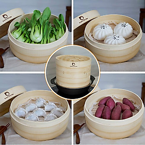 HAPPi STUDIO Bamboo Steamer Basket With Steamer Ring - 10 inch Dumpling Steamer Basket - Large Bamboo Steamer for Cooking Bao Buns, Dim Sum - Chinese Steamer Bamboo Steam Basket - Steaming Basket