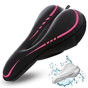 RONUX Narrow Bike Seat Cushion-Extra Soft Comfy Bicycle Seat Cover-Memory Foam & Gel-Compatible with Peloton, Stationary, Exercise, Electric, Road & Mountain Bikes-Cycling Accessories-Women,Men(Pink)