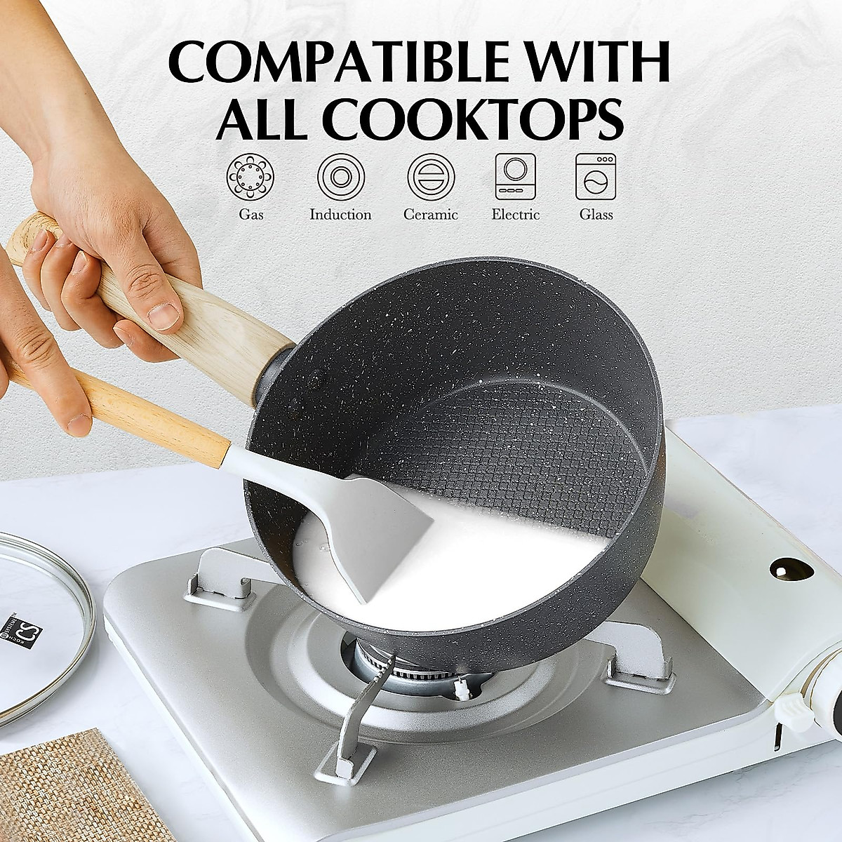 KOCH SYSTEME CS Saucepan with Lid, Nonstick 3 Quart Sauce Pan with Lid, Black Marble Coatings, Granite Saucepan with Comfortable Bakelite Handle, Small Cooking Pot, 3 Quart Saucepan with Lid