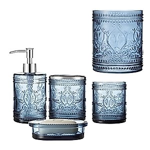 5PCs Dark Blue Glass Bathroom Accessories Set with Decorative Pressed Pattern - Includes Hand Soap Dispenser & Tumbler & Soap Dish & Toothbrush Holder & Wastebasket