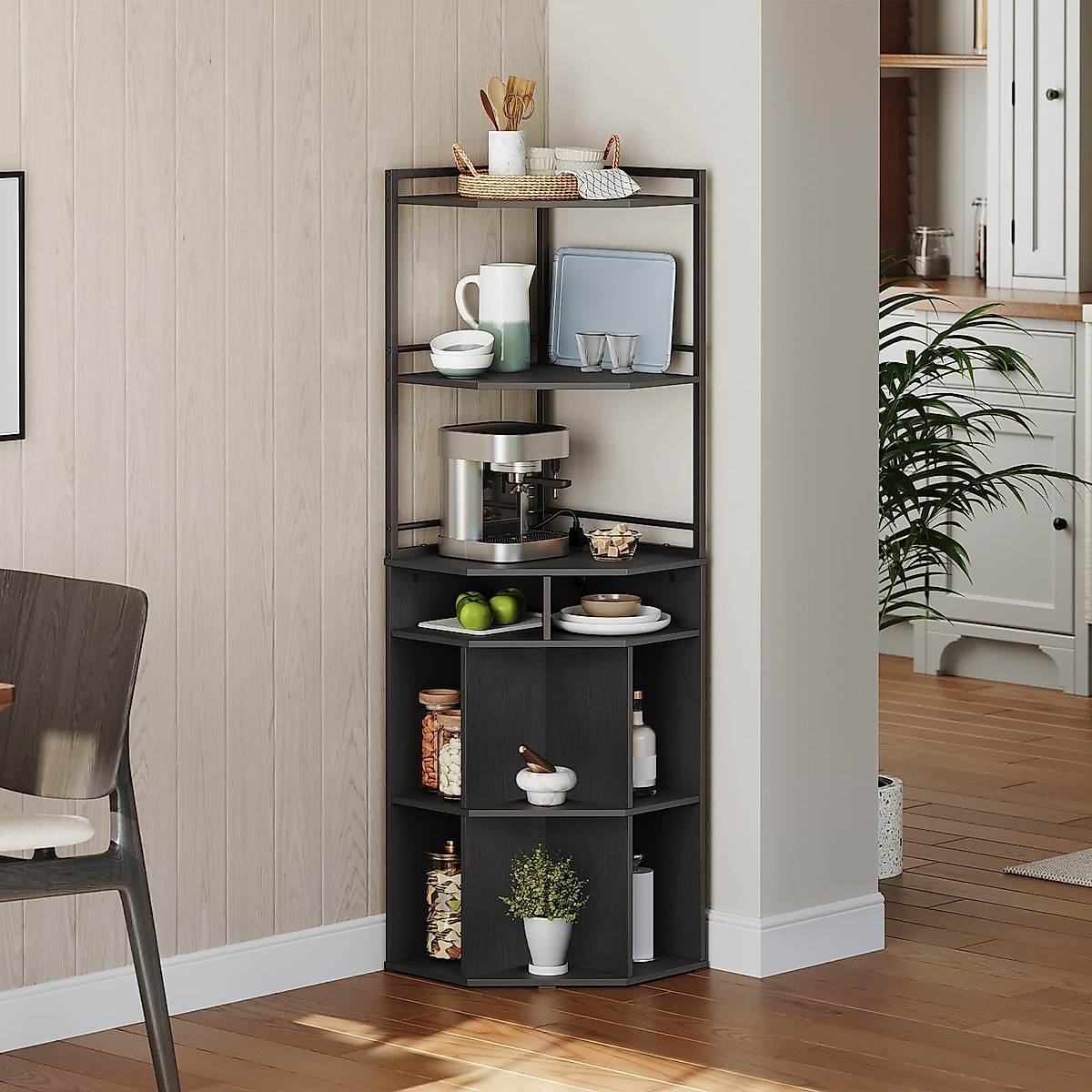 HOOBRO Corner Cabinet with USB Ports and Outlets, Corner Storage Cabinet with Charging Station, Corner Cube Bookshelf, Wooden Display Bookshelf for Small Space, Living Room, Black BK34UCJ01