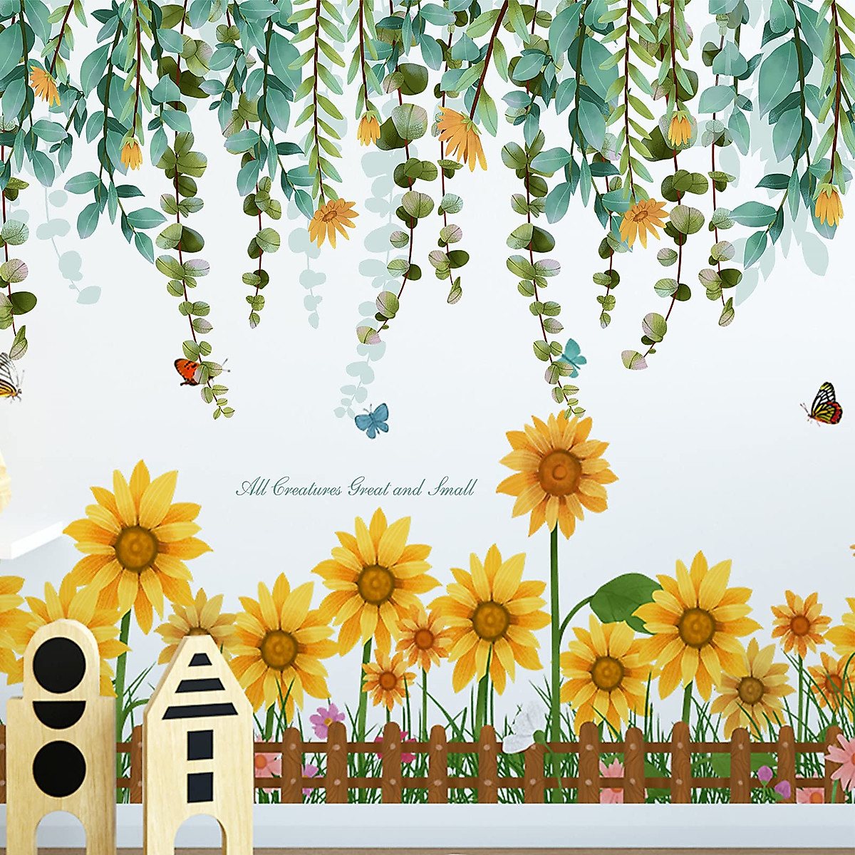 Tropical Plants Sunflower Vine Wall Corner Stickers, AUHOKY Removable Green Fresh Leaves Flower Wallpaper Decals, Garden DIY Art Mural for Nursery Bedroom Kitchen Offices Home Decorations (B)