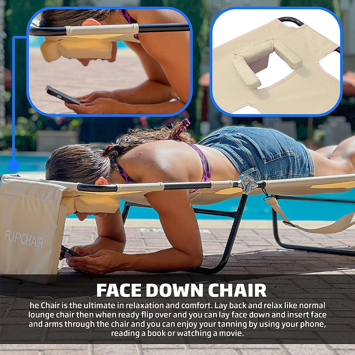 Face Down Tanning Chaise Lounge Chair - Face & Arm Holes - 2 Legs Support - Polyester Material – Backrest Positions - Head Rest Pillow - Beach or Home Use - Read and Tan - Tan Stripes Pattern