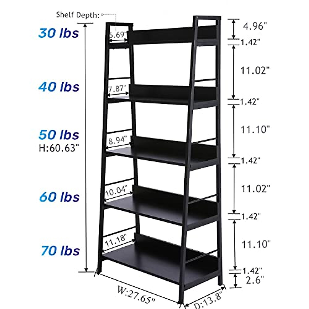 Himimi Ladder Bookshelf Black,Tall Bookcase and Book Shelf 5 Tier Shelves, Industrial Modern Wood Display Shelf Book Case with Metal Frame,Storage Rack Home Office Furniture for Living Room,Bedroom