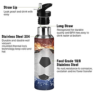 Space Fire Water Soccer Water Bottle Vacuum Insulated Stainless Steel Thermos Mug Kids Water Bottle with Straw and Handle Keep Hot Cold Sport Bike Fit Travel Outdoor 20 oz