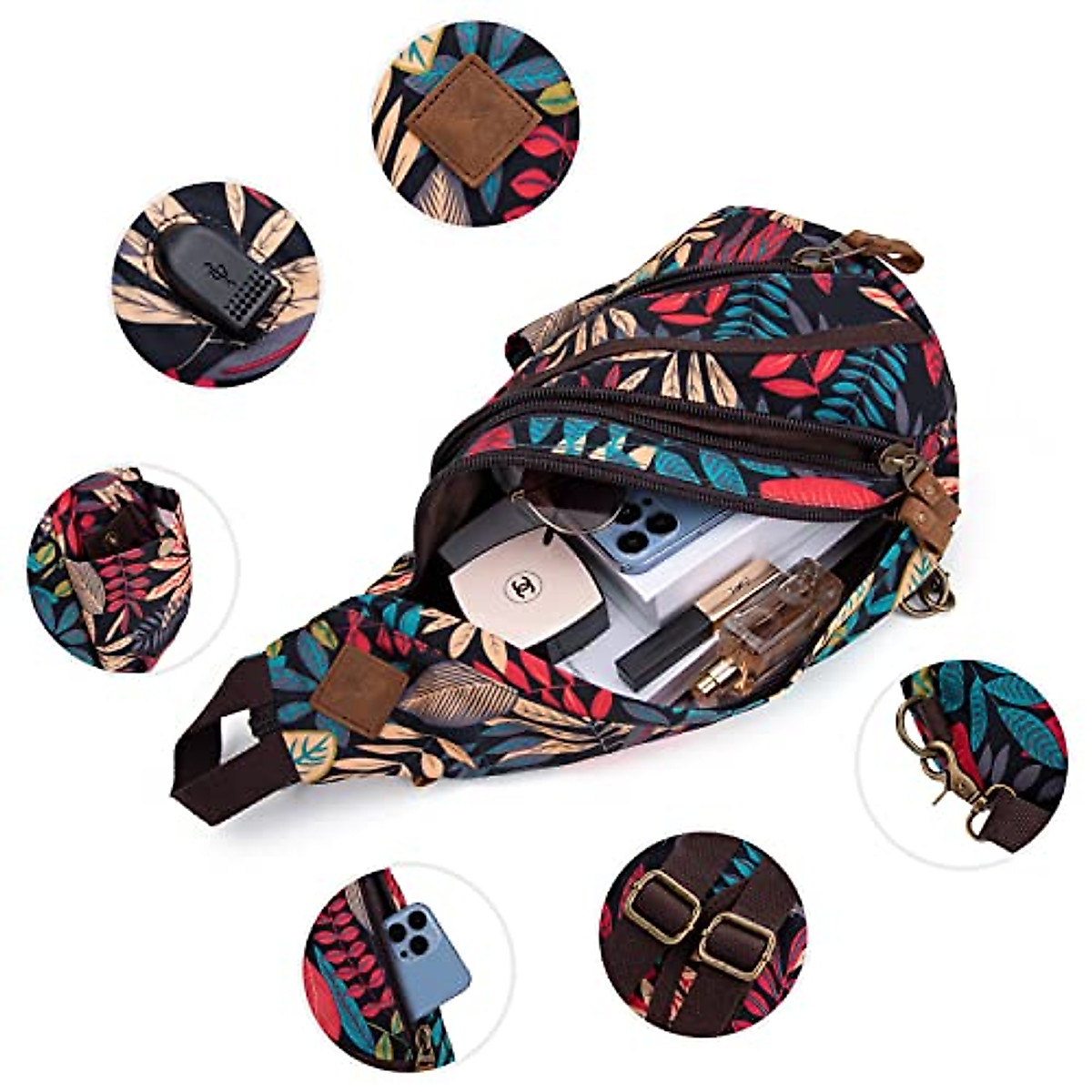 DAVIDNILE Canvas Sling Bag Crossbody Backpack Genuine Leather Shoulder Bag Casual Daypacks For Men