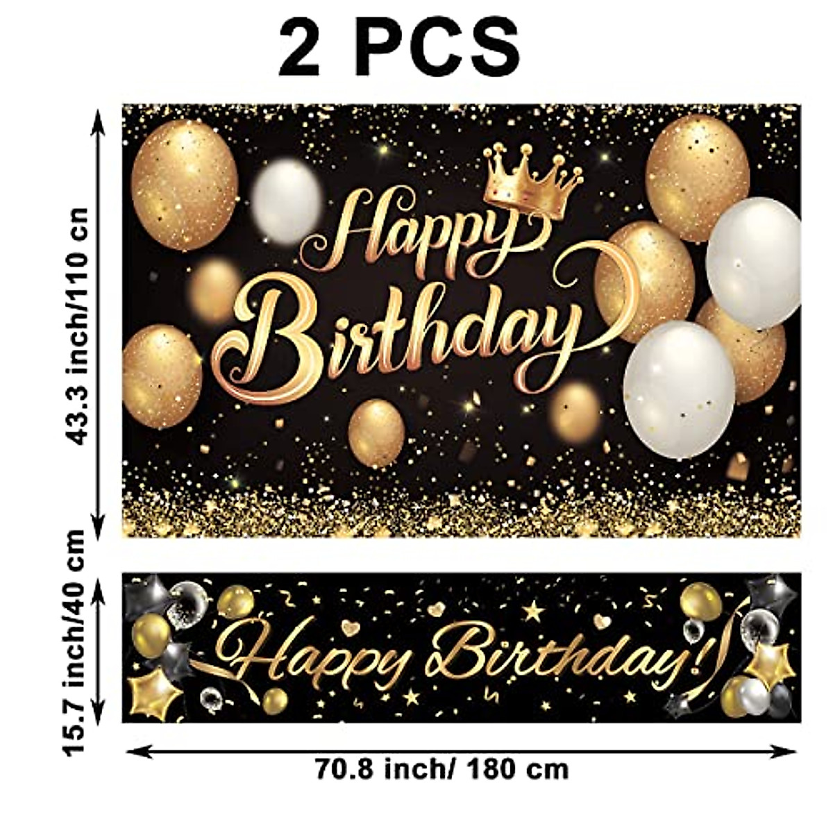 Happy Birthday Backdrop Banner 2 Pieces Large Black and Gold Happy Birthday Sign Birthday Photography Supplies Indoor Outdoor Birthday Party Decorations for Children Men Women Celebration