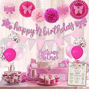 Half Birthday Decorations Baby Girl, Hombae 12 Birthday Decorations Supplies, 6 Months Birthday Decorations, Pink Rose Gold Glitter Half Birthday Banner with Triangle Flag Banner, 12 Birthday Hat