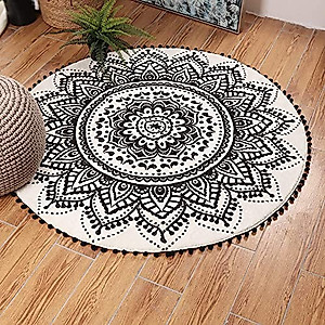 LIVEBOX Boho Area Rug 4ft Black and Cream Mandala Round Bedroom Rug with Chic Pom Pom Fringe Non-Slip Machine Washable Ultra Soft Indoor Sofa Floor Mat for Living Room Playroom Kids Room