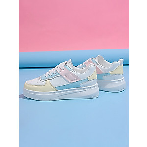 WDIRARA Women's Colorblock Lace Up Front Skater Round Toe Shoes Casual Sneakers Multicolored CN40