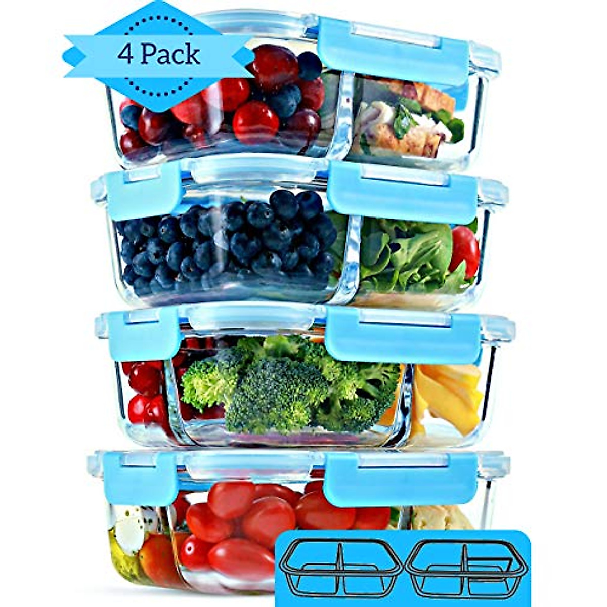 2 & 3 Compartment Glass Meal Prep Containers (4 Pack, 32 oz) - Glass Food Storage Containers with Lids, Glass Lunch Box, Glass Bento Box Lunch Containers, Portion Control, Airtight