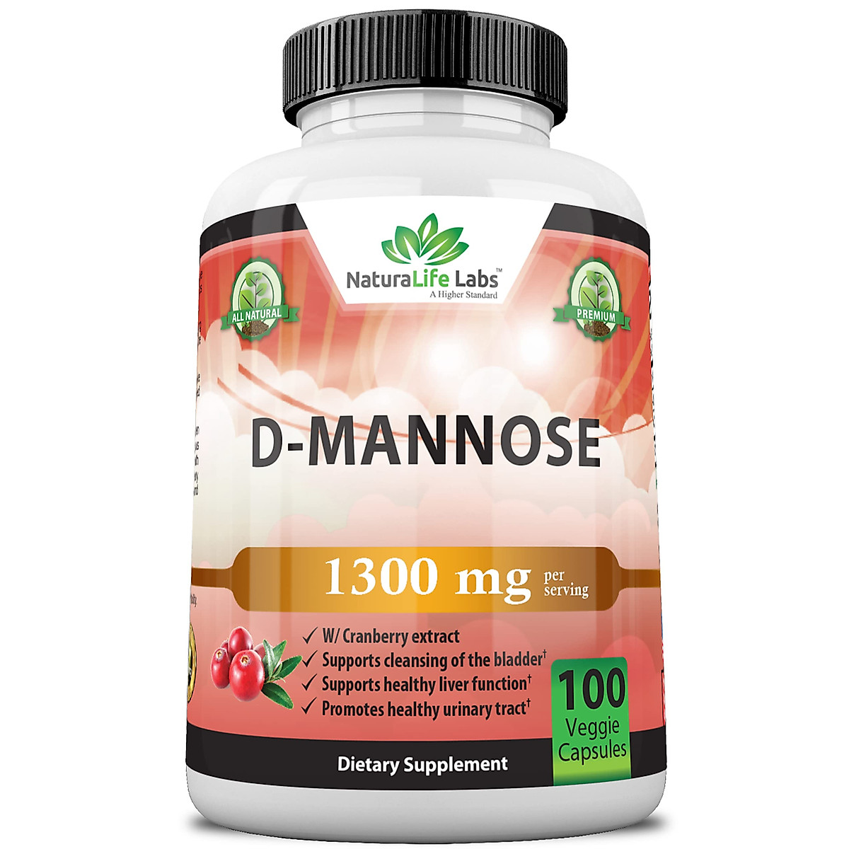 D-Mannose 1,300 mg with Cranberry Extract Fast-Acting, Flush Impurities, Natural Urinary Tract Health- 100 Veggie Capsules