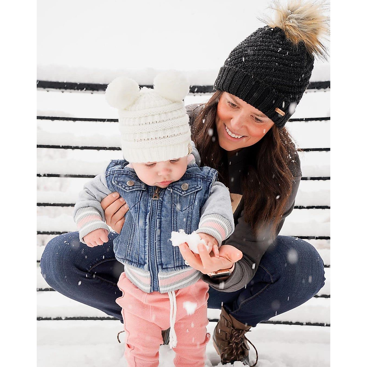 Funky Junque Exclusives Double Pom Baby Infant Beanie Knit Warm Winter Double Pom Pom Skull Cap Hat Ivory - Double Pom