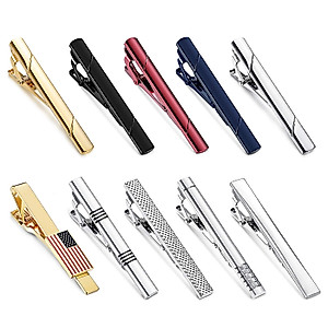 Finrezio 10 Pcs Tie Clips for Men Tie Bar Clip Set for Regular Ties Black Gold Red Navy Blue Silver American Flag Necktie Wedding Business Clips with Gift Box