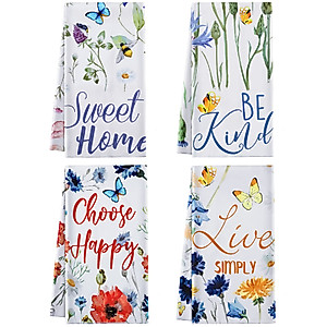 CHENGU 4 Pack Spring Kitchen Towels, Absorbent Dish Towels for Kitchen, Reusable Cleaning Towels Decorative Set, Kitchen Towel Terrycloth Tea Towels, Hand Towel for Kitchen (Wildflower Style)