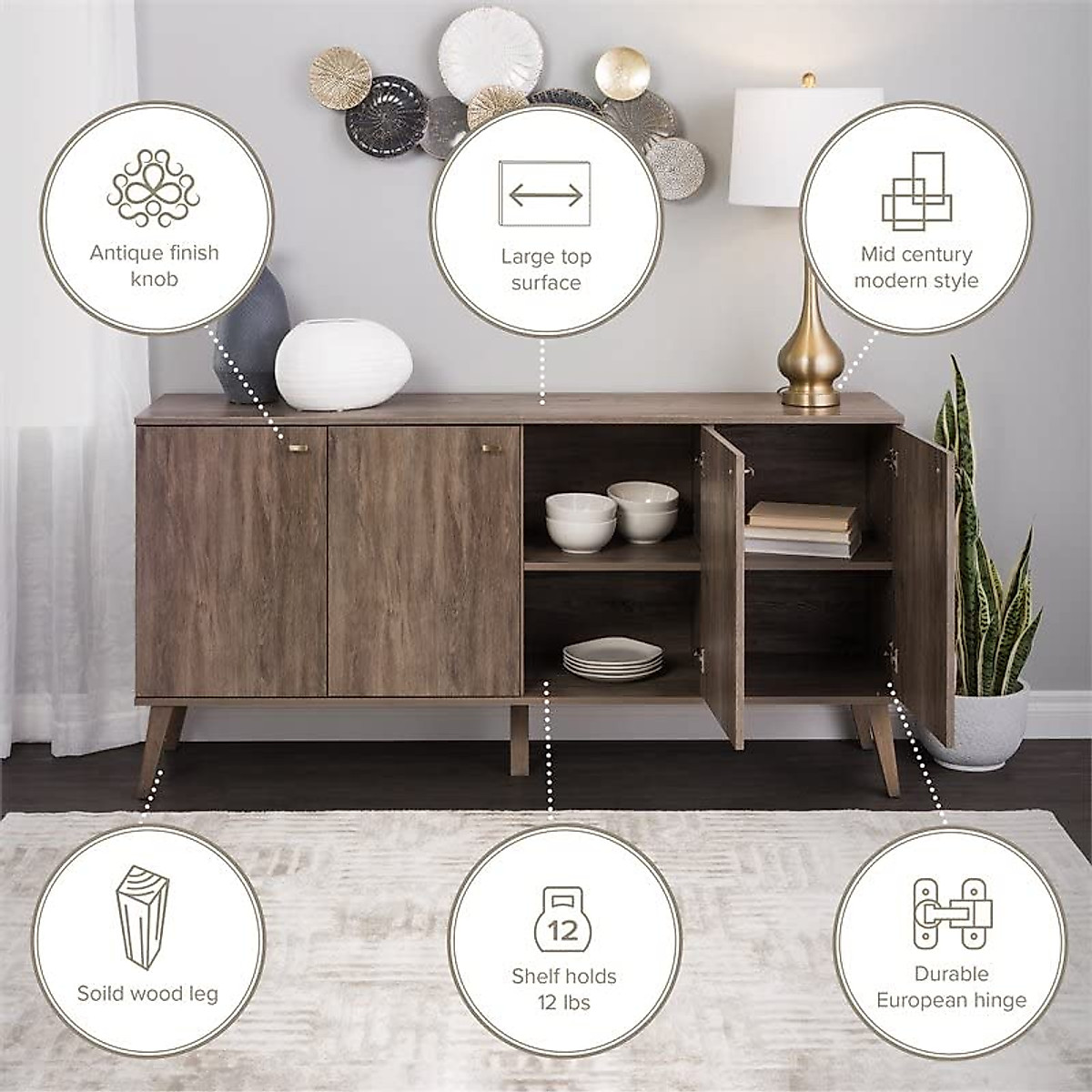 Prepac Milo Mid-Century 4 Door Buffet, 16" D x 64" W x 32" H, Drifted Gray