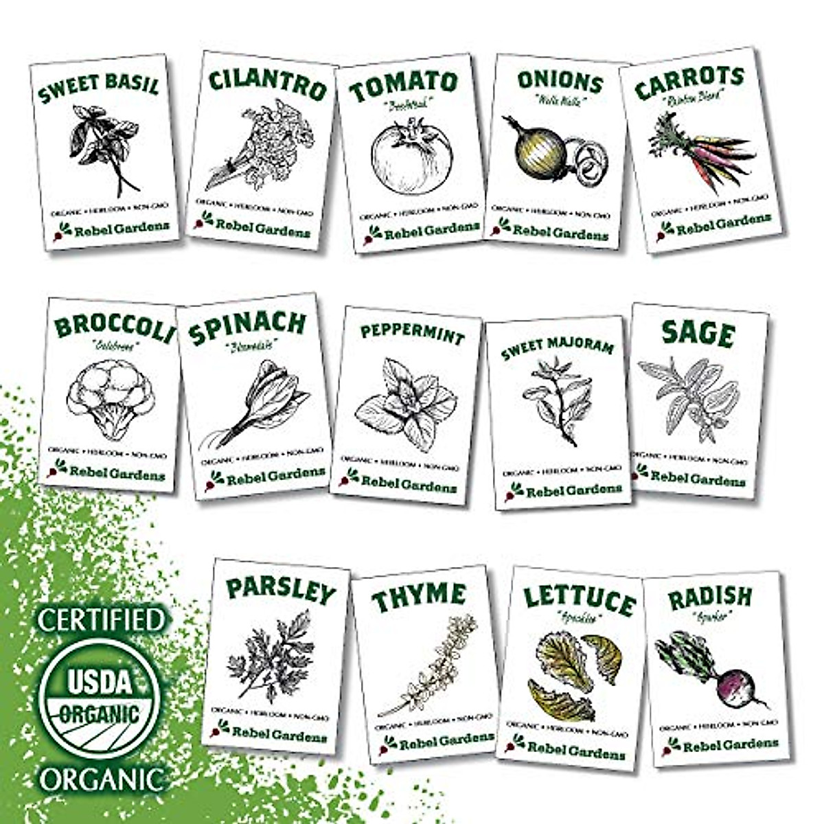 Kitchen Garden Seed Collection - Certified Organic Herb & Vegetable Seeds - 14 Varieties of Non-GMO, Heirloom, Home Garden Seeds for Planting - Basil, Tomato, Spinach, Cilantro, & More