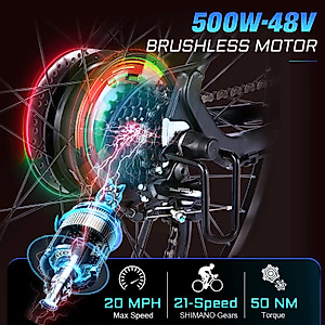 Vivi Electric Bike for Adults, 27.5" Electric Mountain Bike with 500W Motor 48V 10.4AH Removable Battery, 20mph - Class 2 eBike, Up to 50 Miles Range, 21 Speed Adult Electric Bicycles