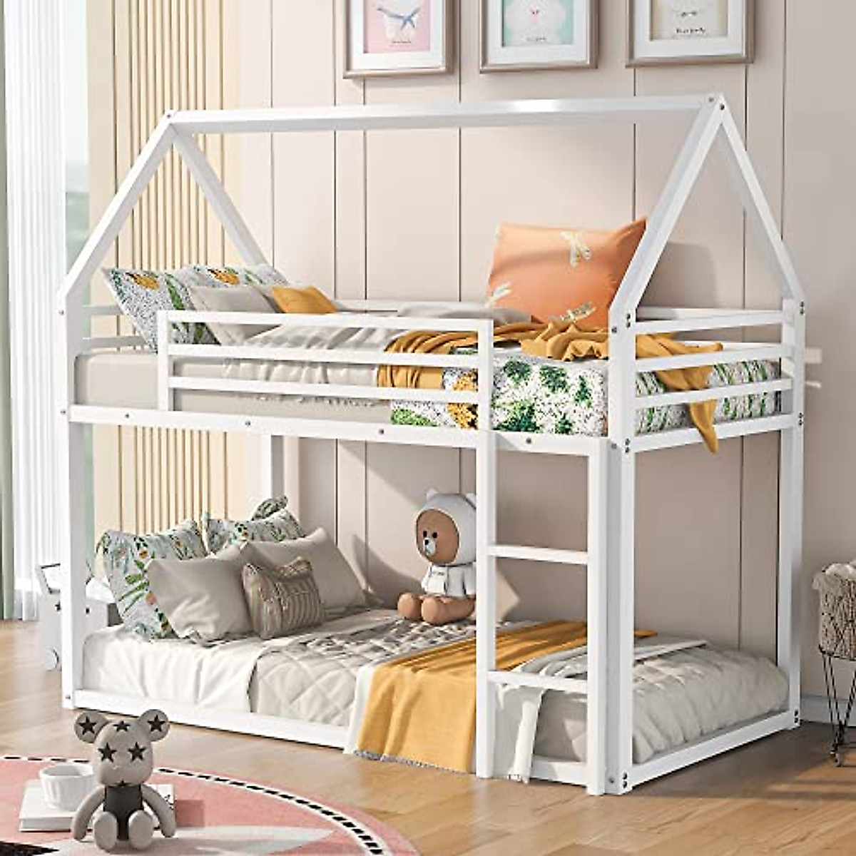 Merax Modern Heavy Metal House Low Bunk Bed Twin Over Twin, Montessori Floor Bunk Bed Frame with Full-Length Guardrail/No Box Spring Needed White