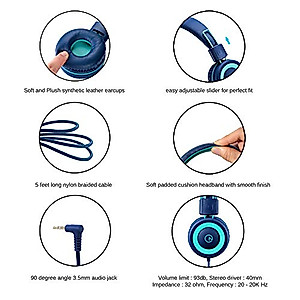 Kids Headphones - noot products K11 Foldable Stereo Tangle-Free 3.5mm Jack Wired Cord On-Ear Headset for Children/Teens/Boys/Girls/Smartphones/School/Kindle/Airplane Travel/Plane/Tablet (Navy/Teal)