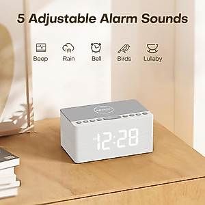 ANJANK Wooden Sound Machine Alarm Clock for Bedroom, Bluetooth Speaker, Wireless Charging Station for iPhone/Samsung, Sleep Timer, 0-100% Dimmer, White Noise Machine for Sleeping Adults with 20 Sounds