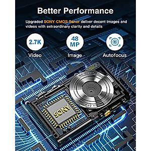 Digital Camera, Zostuic 2.7K 48MP Autofocus Kids Camera with 32 GB Card 16X Zoom Compact Portable Mini Toys Cameras Christmas Birthday Festival Gift for Kid Children Teens Girls Boys(Black)