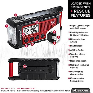 Midland - ER310, Emergency Crank Weather AM/FM Radio - Multiple Power Sources, SOS Emergency Flashlight, Ultrasonic Dog Whistle, & NOAA Weather Scan + Alert (Red/Black)