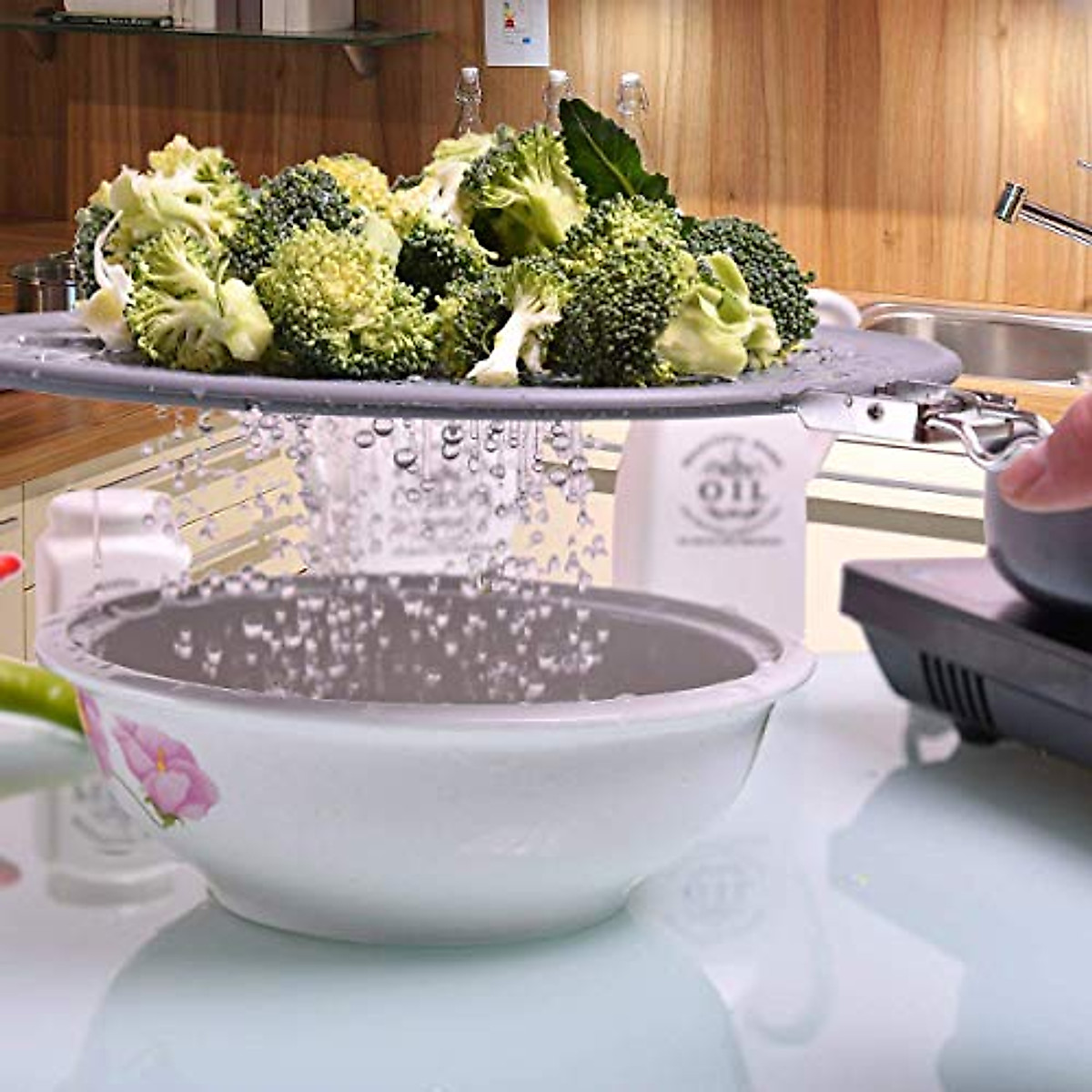 11" Silicone Splatter Screen Pan Cover with Folding Handle, Heat Insulation Cooling Mat, Strainer, Drain Board, Oil Splash Guard for Frying Pan