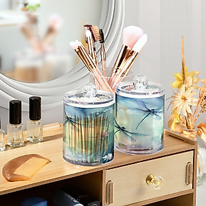 SDMKA 2 Pack Apothecary Jars Bathroom Watercolor Dragonflies Qtip Holder Dispenser Clear Plastic Storage Canister Jar with Lid for Cotton Ball, Cotton Swab