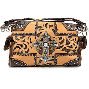 Justin West Tooled Western Leather Laser Cut Rhinestone Cross Shaped Studded Shoulder Concealed Carry Handbag Purse (Tan)