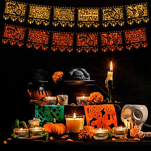 HOWAF 2 Strings Dia De Los Muertos Banners, Day of the Dead Sugar Skull Marigold Butterfly Decorations Picado Banners for Mexican Dia De Los Muertos Diwali Decor, Mexican Halloween Butterfly Hanging